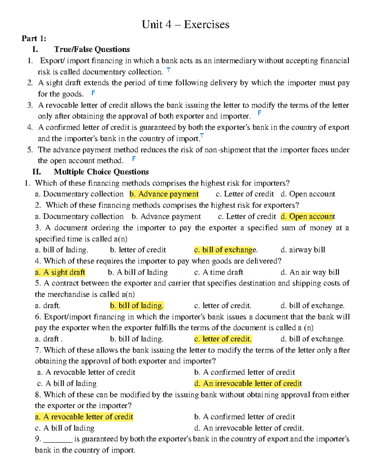 Unit 4 - Exercises to sts - Unit 4 – Exercises Part 1: I. True/False ...