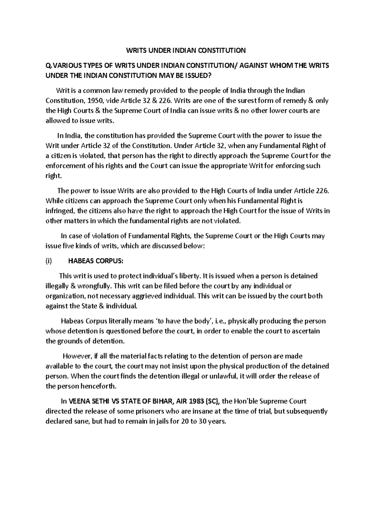 Writs - Document - WRITS UNDER INDIAN CONSTITUTION Q TYPES OF WRITS ...