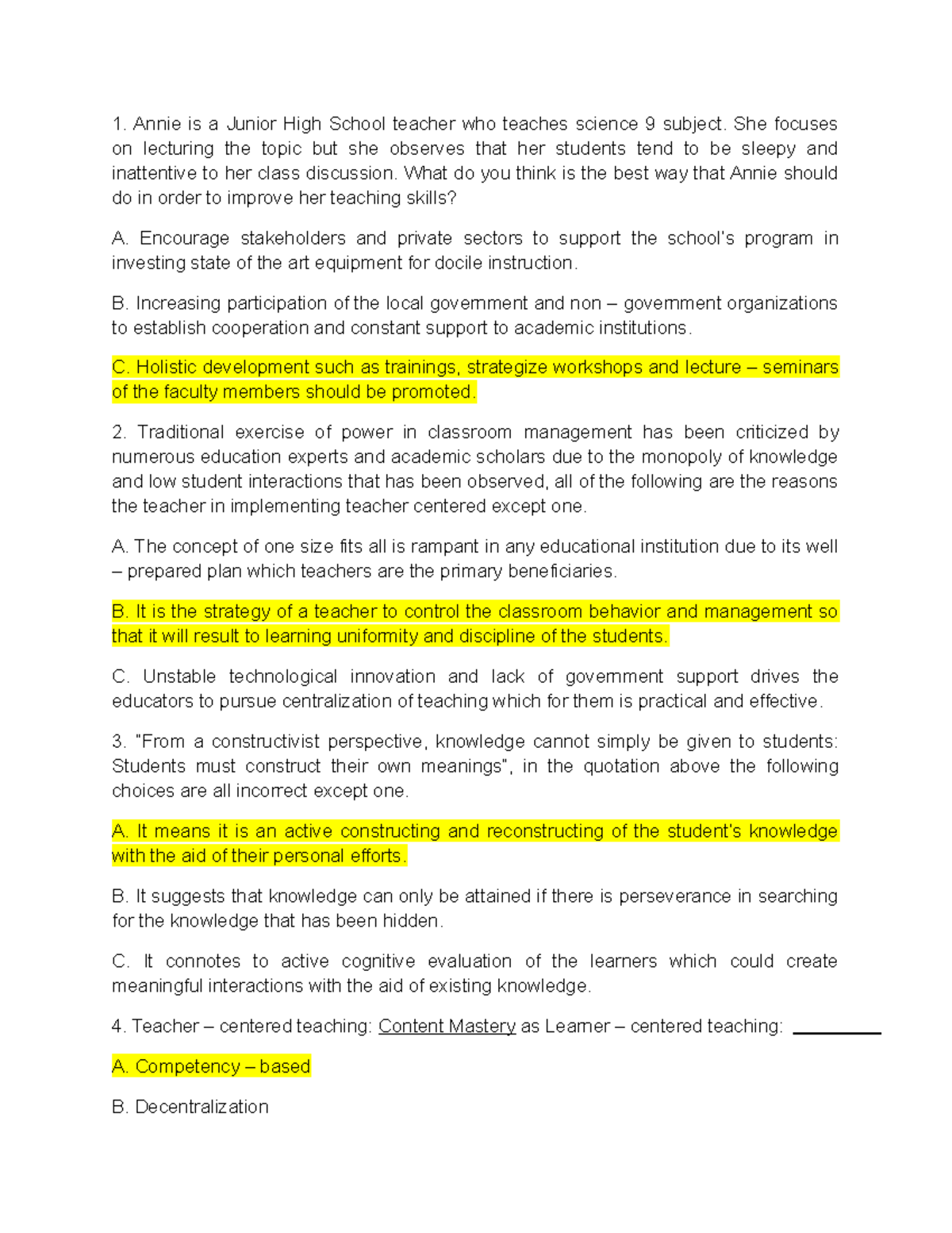 Questions - Assessment - Annie is a Junior High School teacher who ...