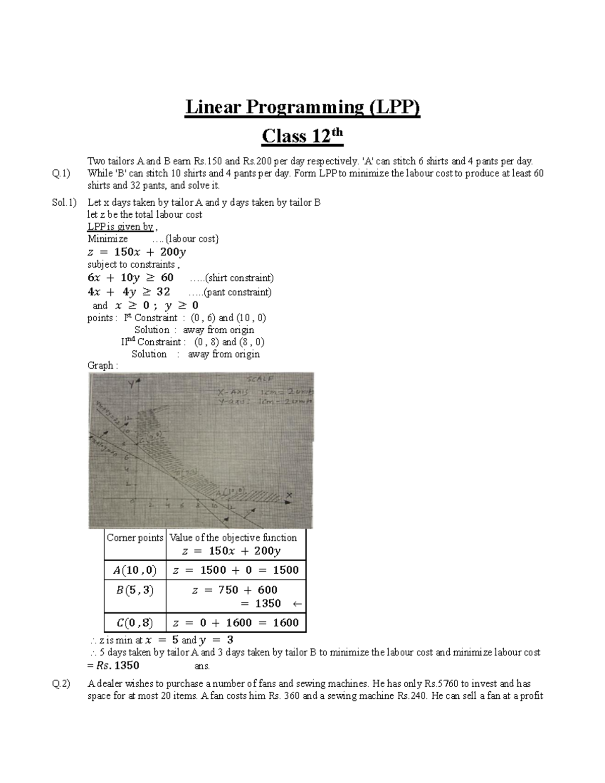 Bi Q6te MYrq N 72l QZk Hg 8 - Linear Programming (LPP) Class 12 th Q) Two tailors A and B earn ...