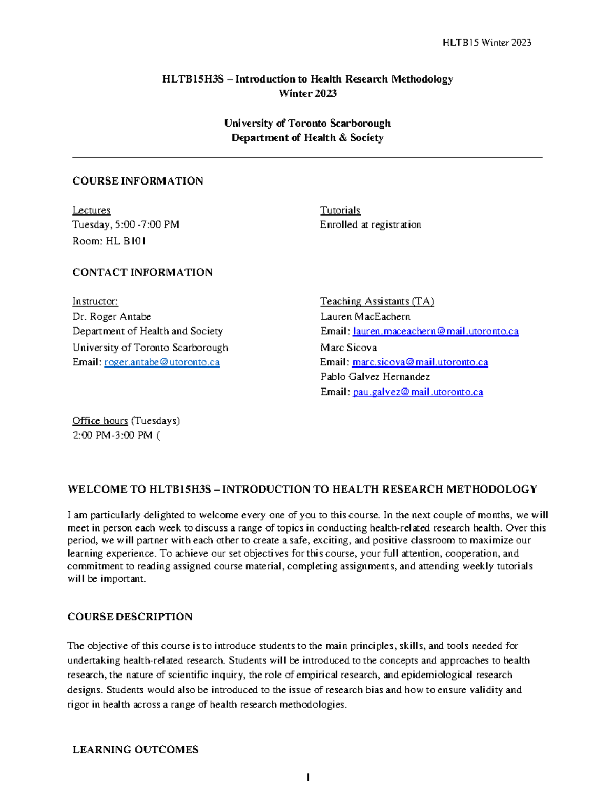 Syllabus - HLTB15H3S – Introduction to Health Research Methodology ...