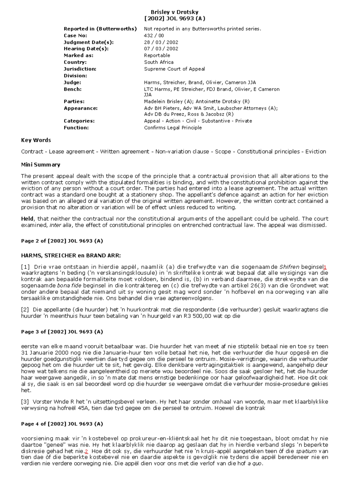 Brisley v Drotsky [2002 ] JOL 9693 (A) - Brisley v Drotsky [2002] JOL ...
