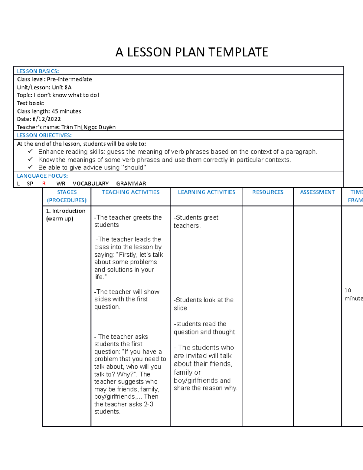 A Lesson PLAN Template ( Completed) - A LESSON PLAN TEMPLATE LESSON ...