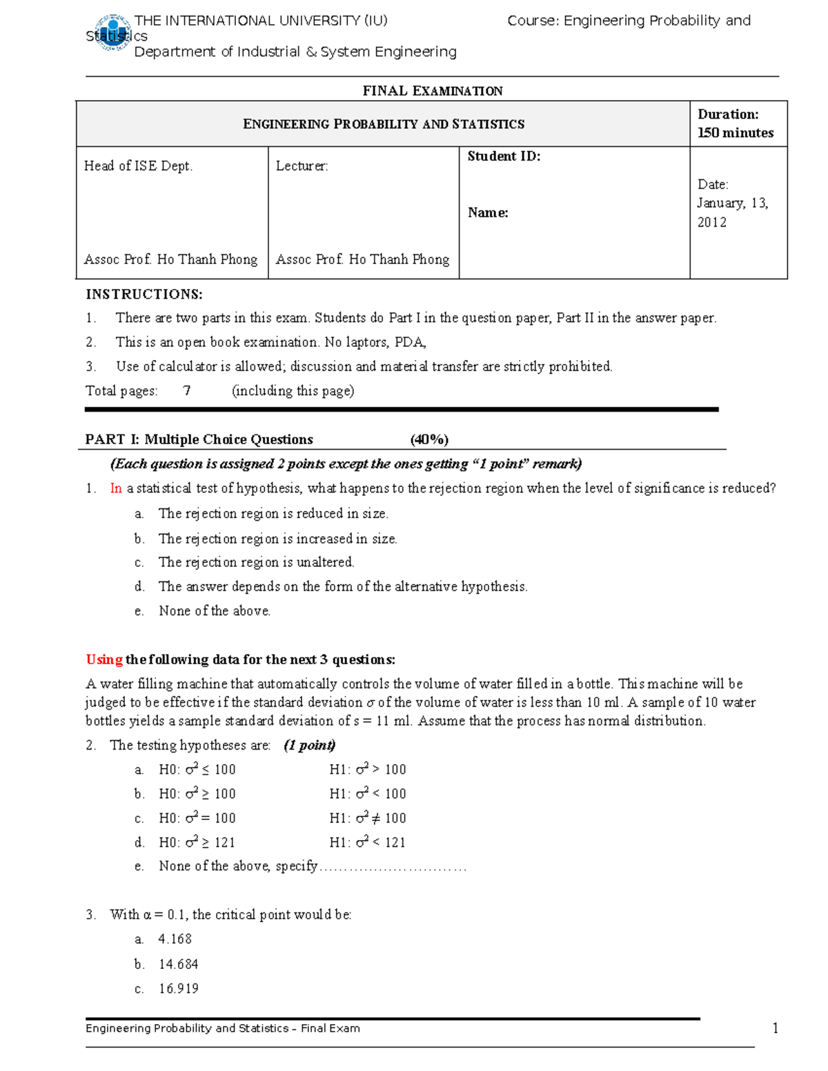 Final Exam - ISE 2011 - Exam 2011 - Statistics Department of Industrial ...