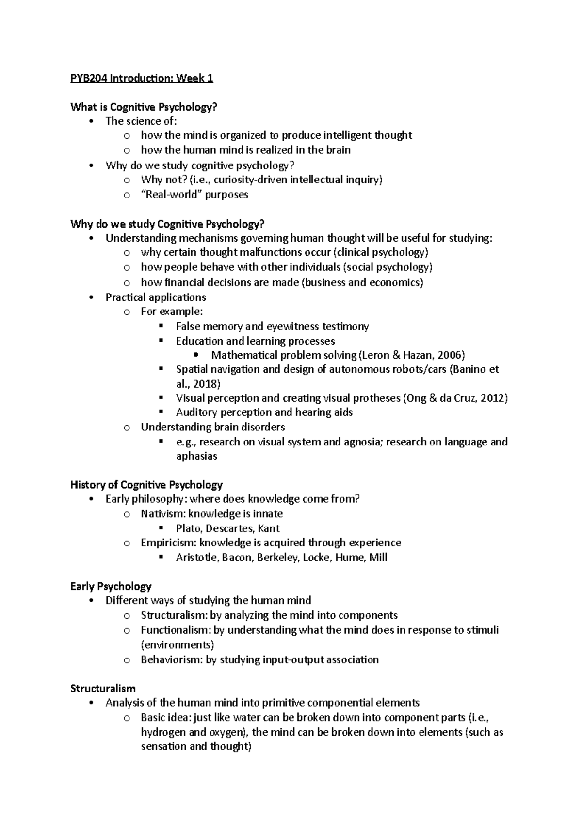 Week 1 - lecture notes - PYB204 Introduction: Week 1 What is Cognitive ...