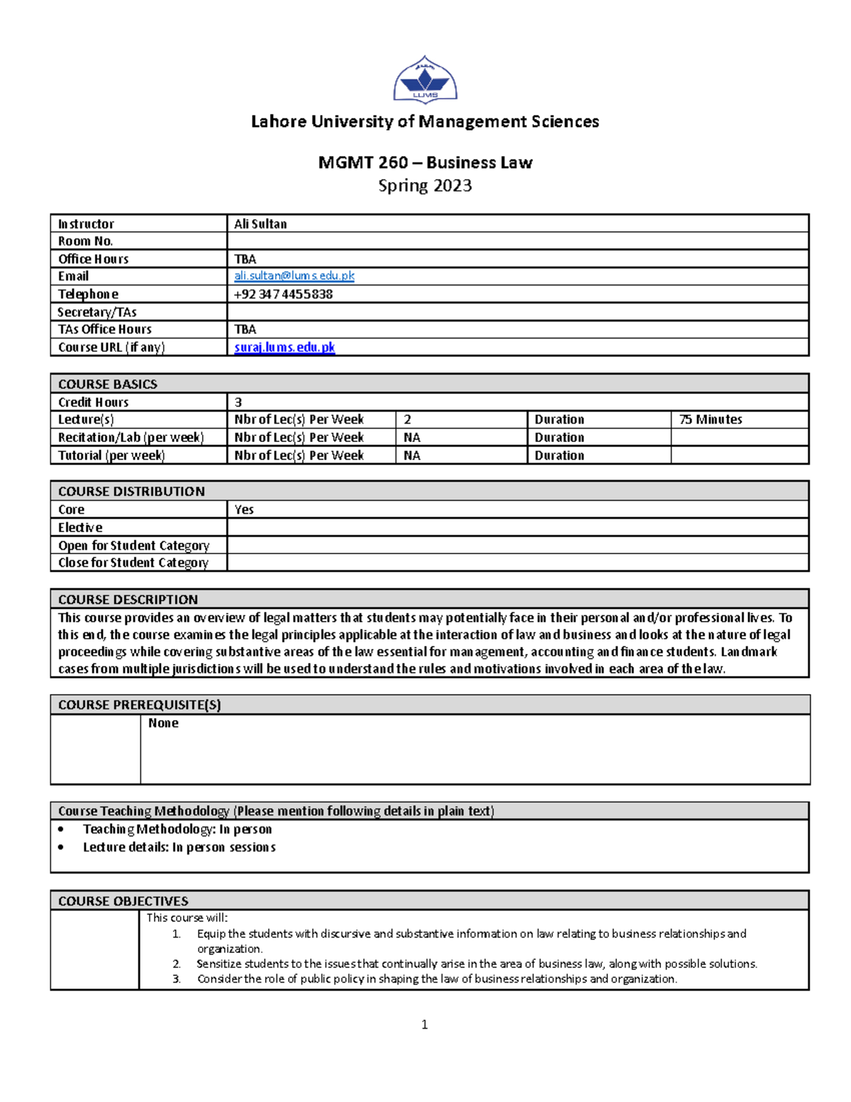 Business Law Course Outline Spring 2023 - MGMT 260 – Business Law ...