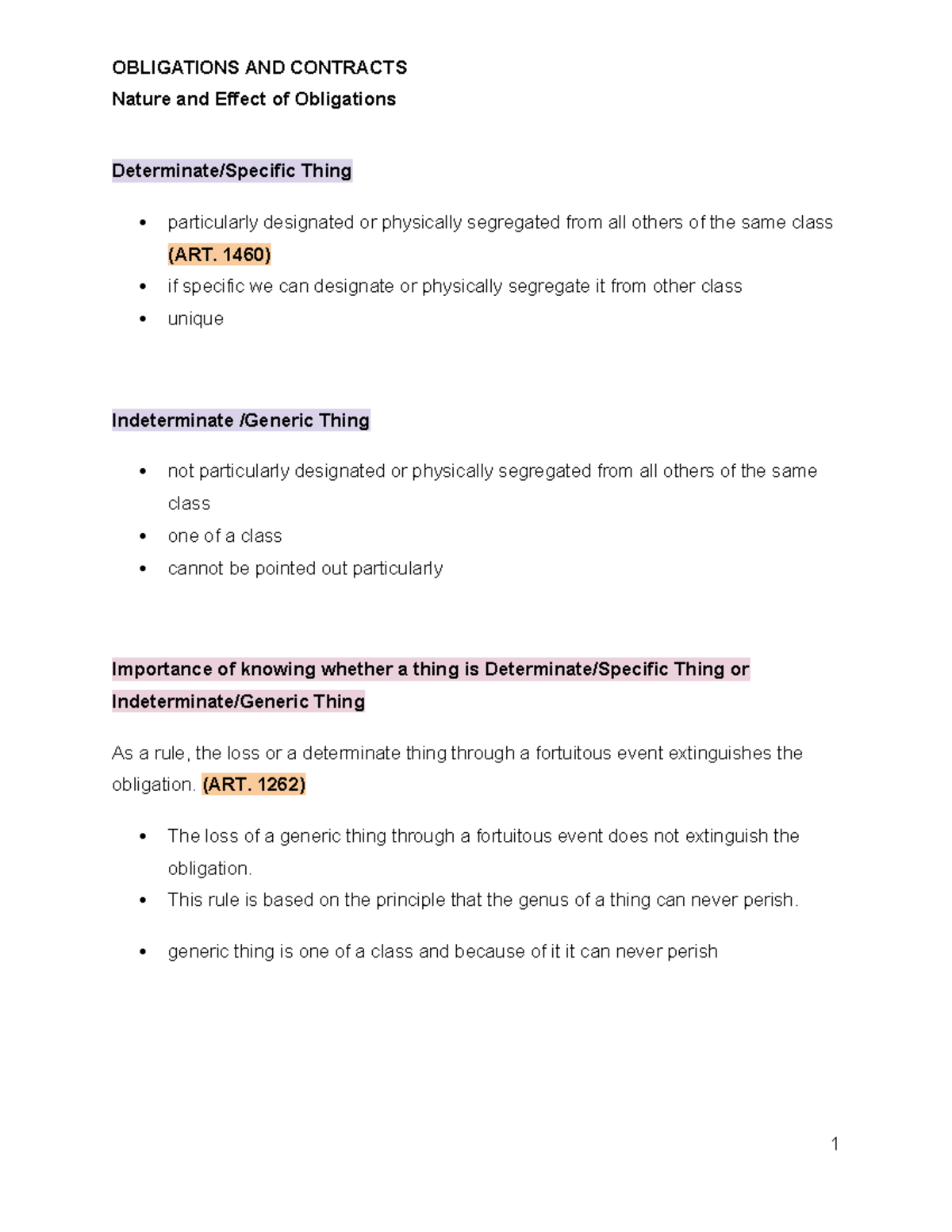 Generic- Specific - OBLIGATIONS AND CONTRACTS Nature and Effect of ...
