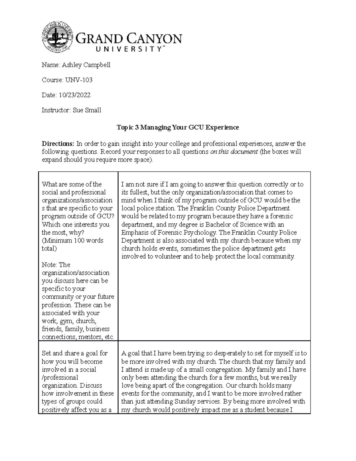 UNV-103 Week 3 - Managing Your GCU Experience - Name: Ashley Campbell ...