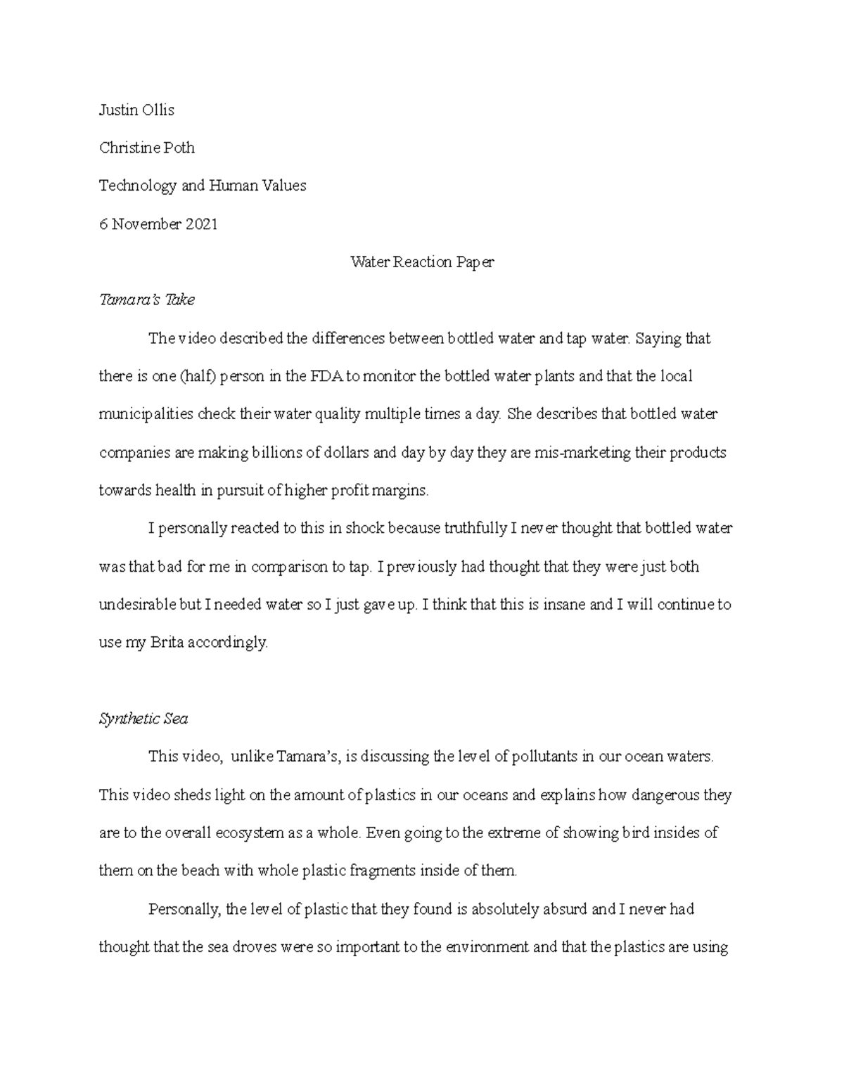 Water Reaction Paper - N/A - Justin Ollis Christine Poth Technology and ...