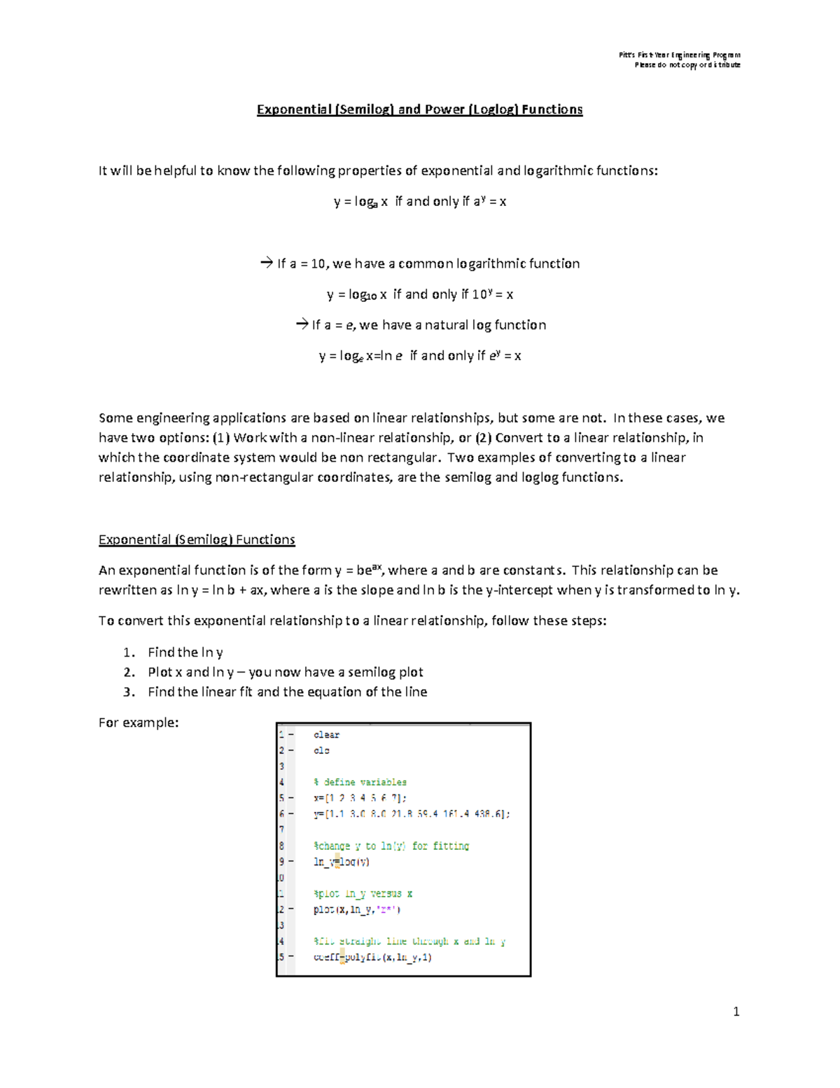 Matlab 14. Semilog and loglog - Pitt’s FirstPlease do not copy or distribute -Year Engineering ...