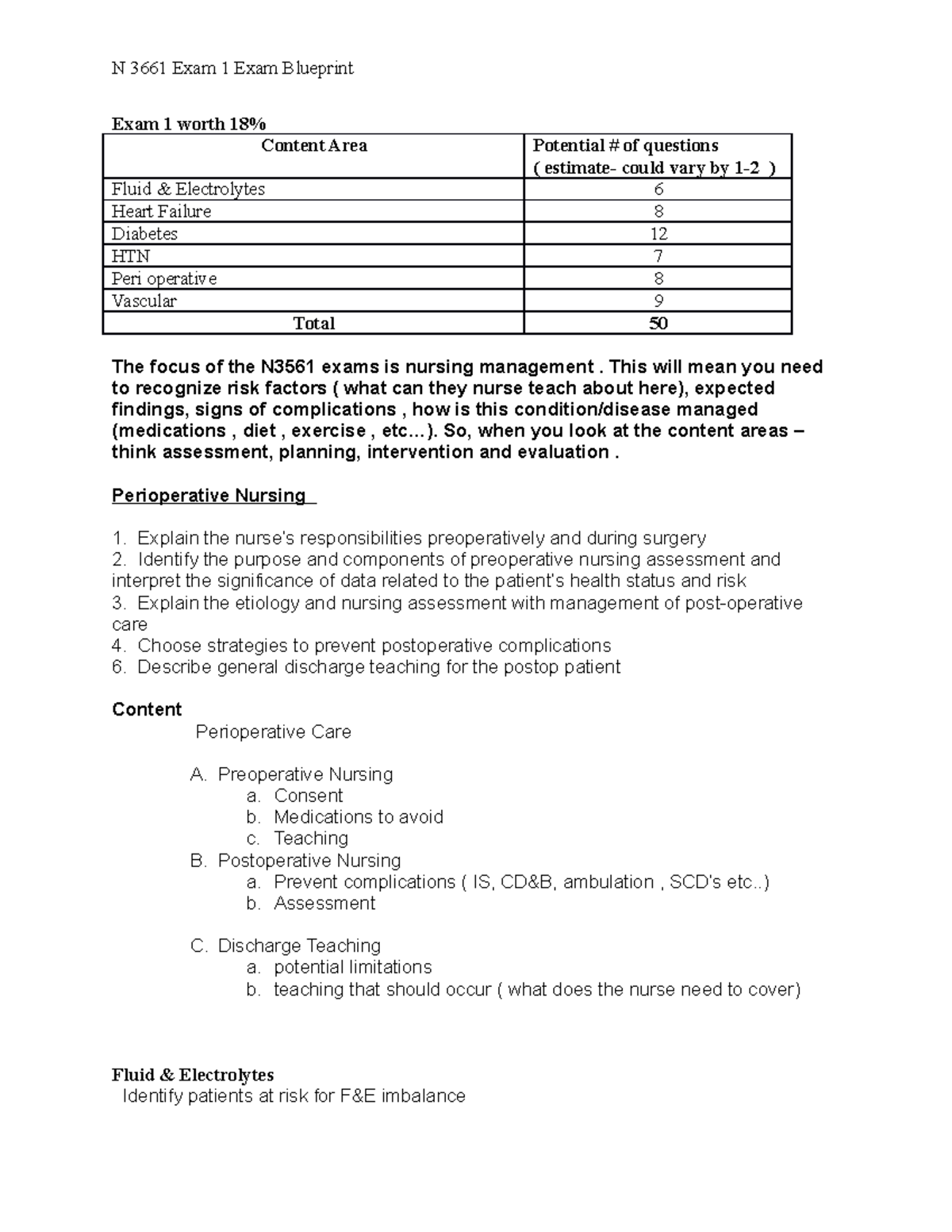 Exam 1 Blueprint - Exam 1 worth 18% Content Area Potential # of ...