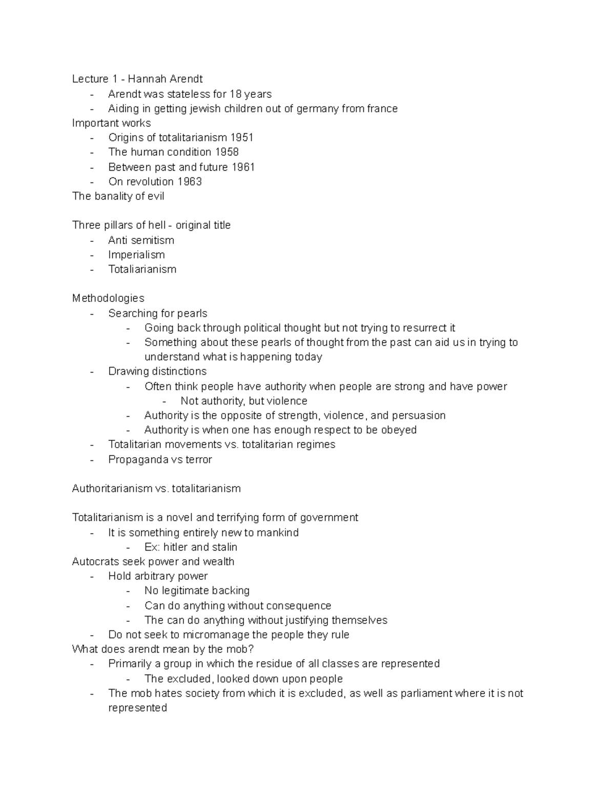 Political theory - hannah arendt - Lecture 1 - Hannah Arendt - Arendt ...