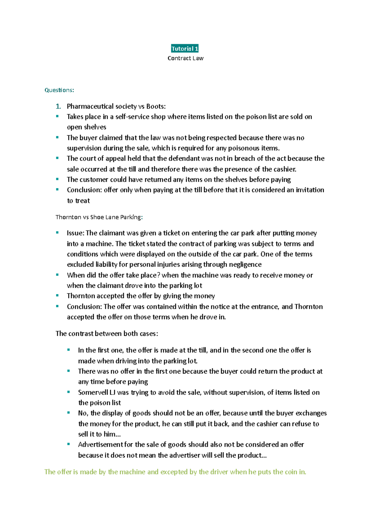 Tutorial 1 - Tutorial 1 Contract Law Questions: Pharmaceutical society vs Boots: Takes place in ...