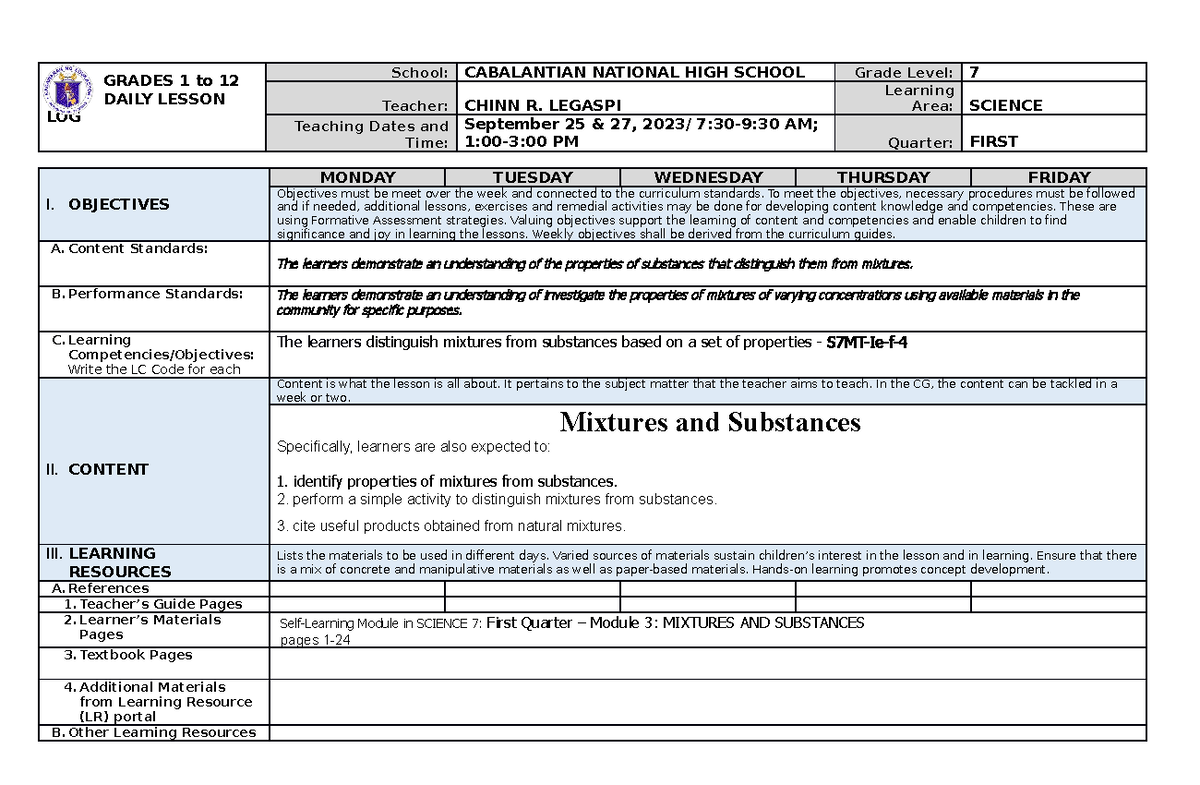 DLL -W5-Q1- Science 7 - lesson guide - GRADES 1 to 12 DAILY LESSON LOG ...