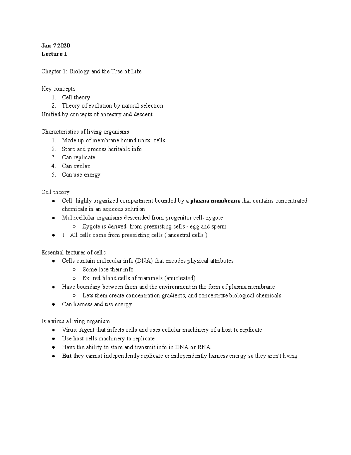 biology notes 1 - Jan 7 2020 Lecture 1 Chapter 1: Biology and the Tree ...