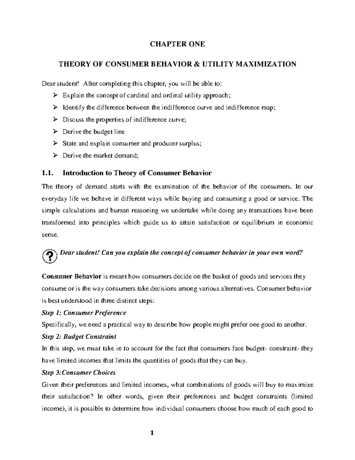 Microeconomics I - CHAPTER ONE THEORY OF CONSUMER BEHAVIOR & UTILITY ...