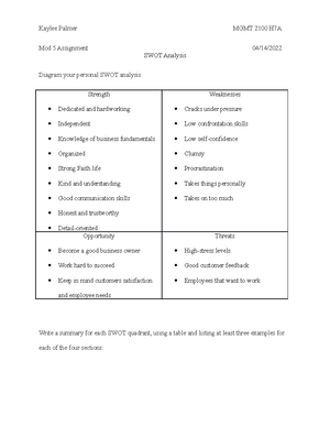 Module 5 Assignment SWOT analysis - Kaylee Palmer MGMT 2100 H7A Mod 5 ...