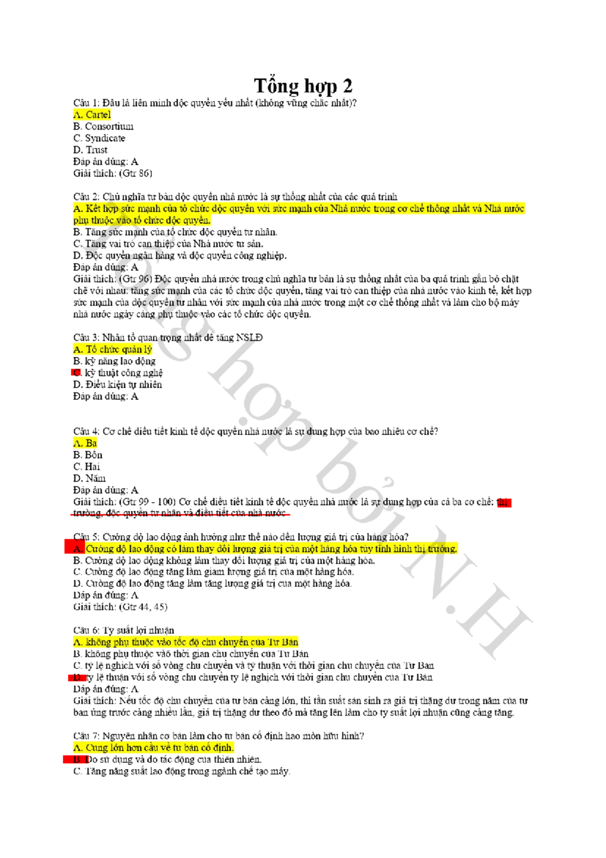 Tổng hợp 2 - Summary KTCT MacLenin - Tong hop 2 Câu 1: Dâu là liên minh dôc quyen yeu nhat ...