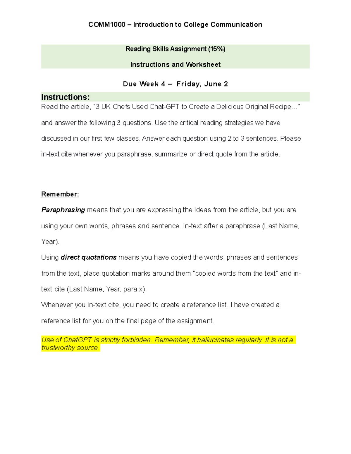 Instructions Reading Assignment Part 2 (Download and Use) due Week 4 ...