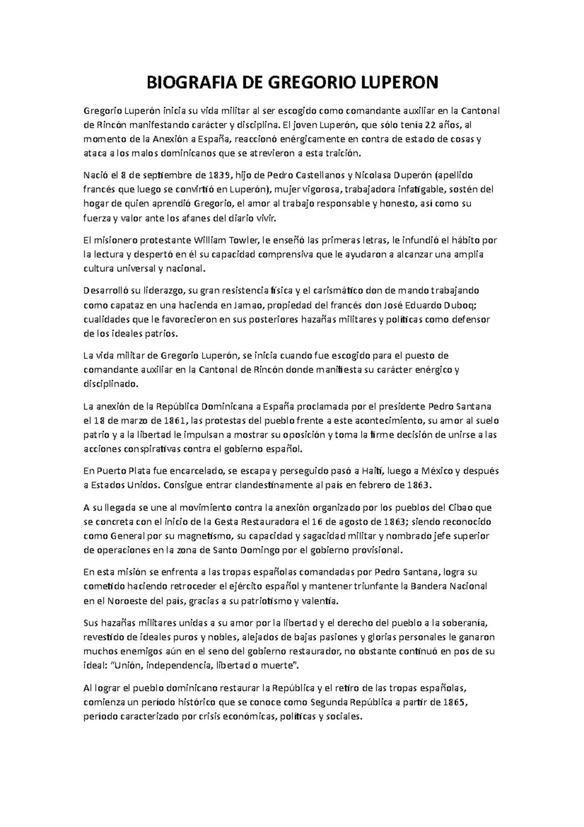 Biografia DE Gregorio Luperon - BIOGRAFIA DE GREGORIO LUPERON Gregorio Luperón inicia su vida ...