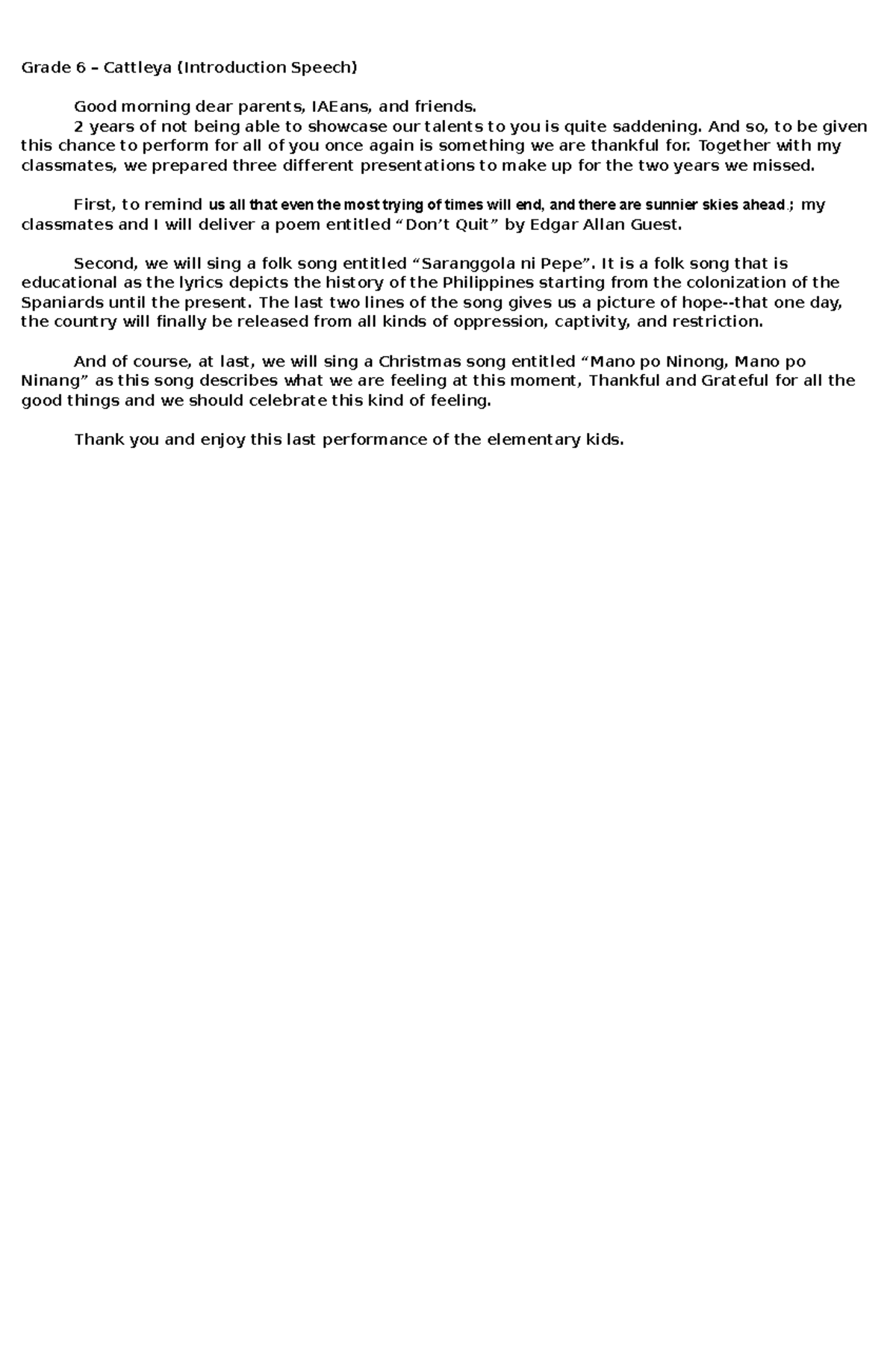 Grade 6 - Introduction Speech - Grade 6 – Cattleya (Introduction Speech ...