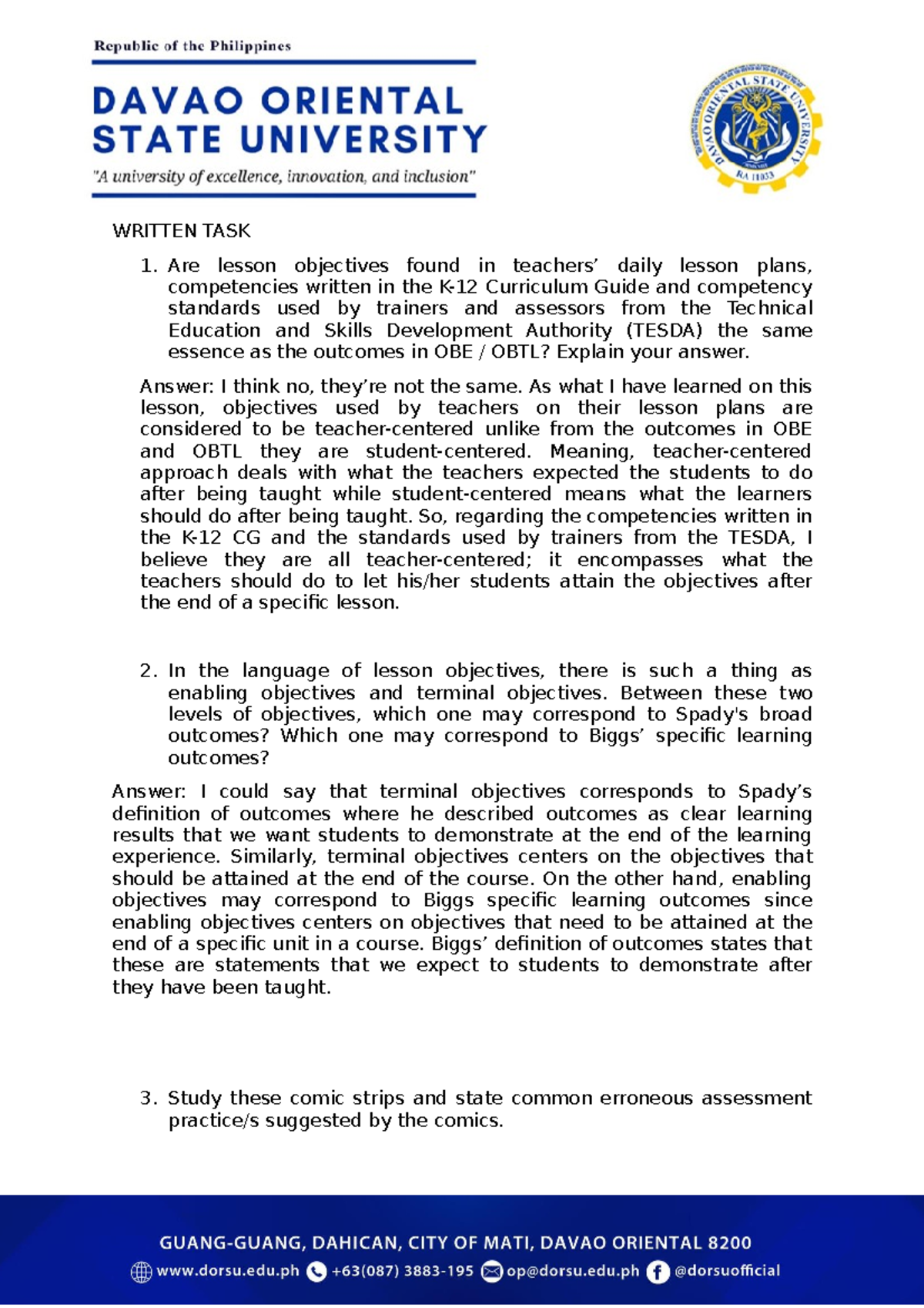 EDUC 108 Assessment in learning - WRITTEN TASK Are lesson objectives ...