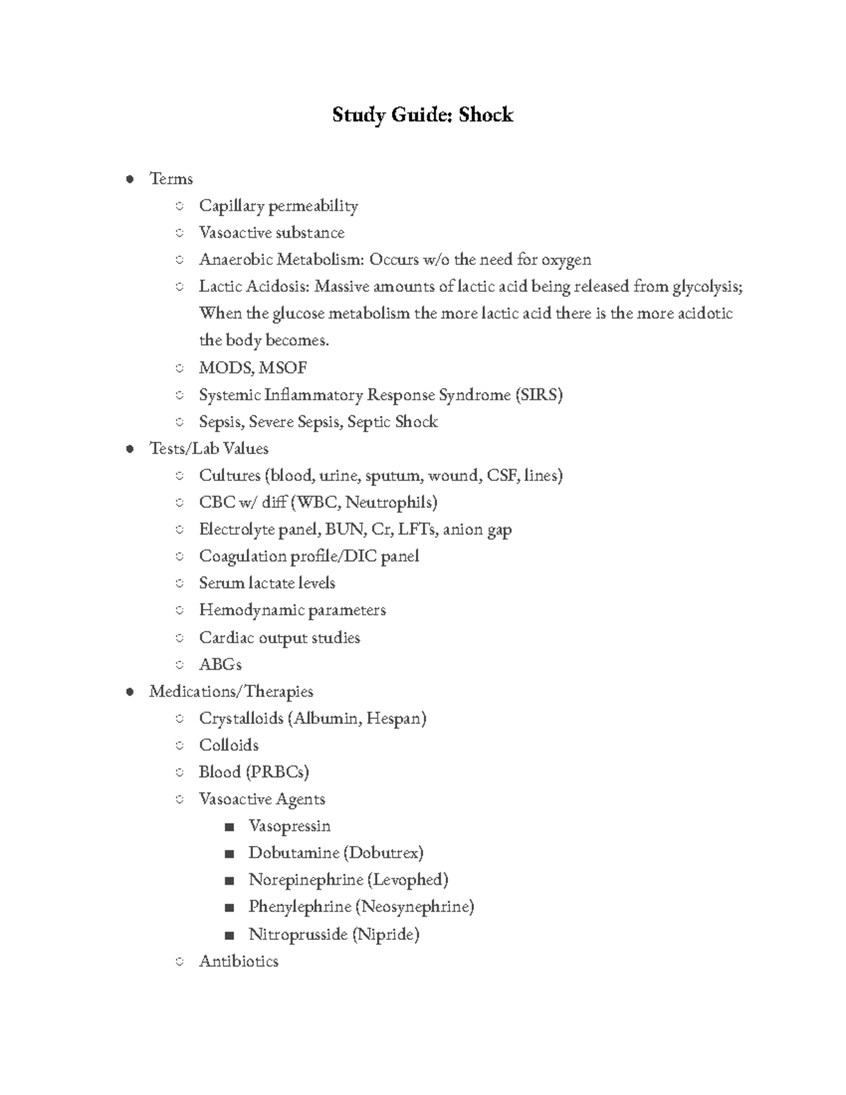 Study Guide Shock - Study Guide: Shock Terms Capillary permeability ...
