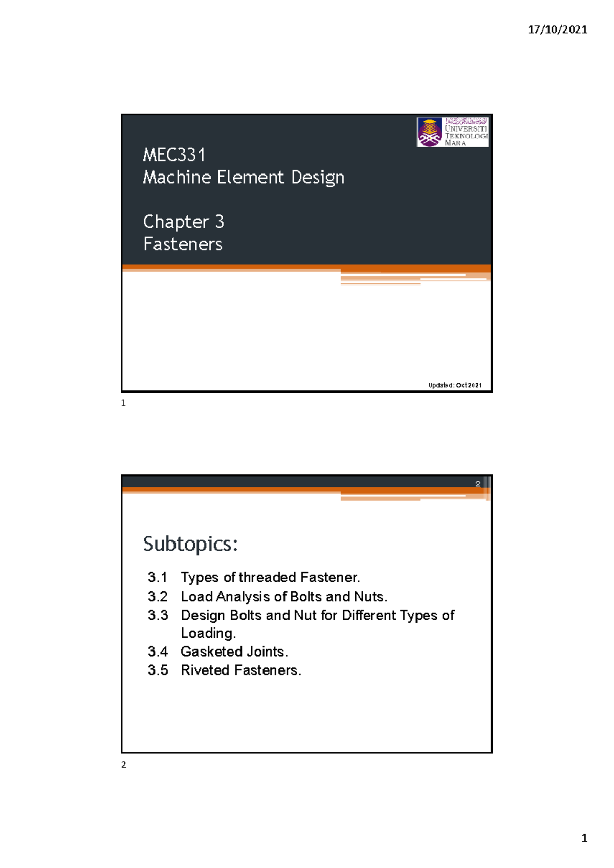 MEC331 C03 Fastener - MEC Machine Element Design Chapter 3 Fasteners 1 ...