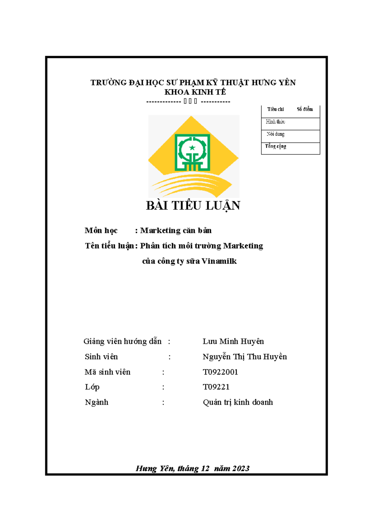 TIỂU LUẬN CĂN BẢN - hdhsb - TRƯỜNG ĐẠI HỌC SƯ PHẠM KỸ THUẬT HƯNG YÊN ...