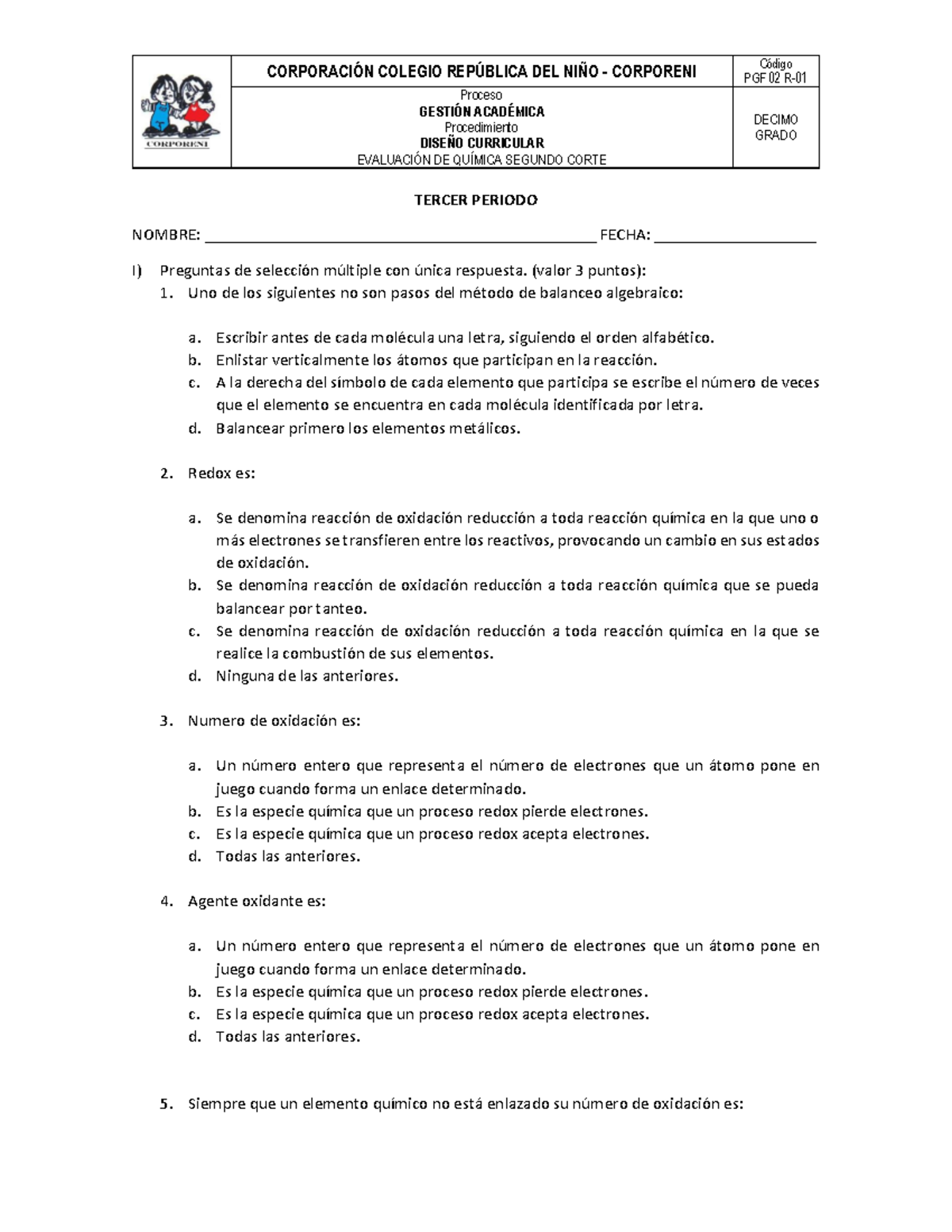 10° recuperacion corte 2 quimica - CORPORACI”N COLEGIO REP⁄BLICA DEL NI ...