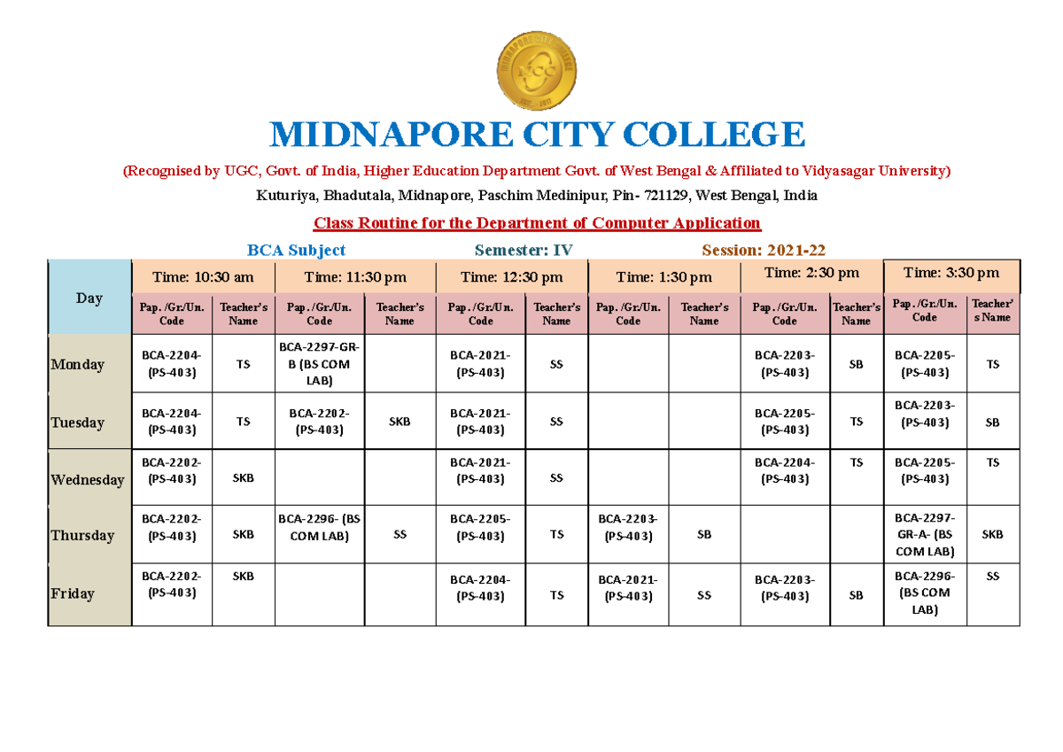 Class routine for BCA 4th(10-03-23) - MIDNAPORE CITY COLLEGE ...