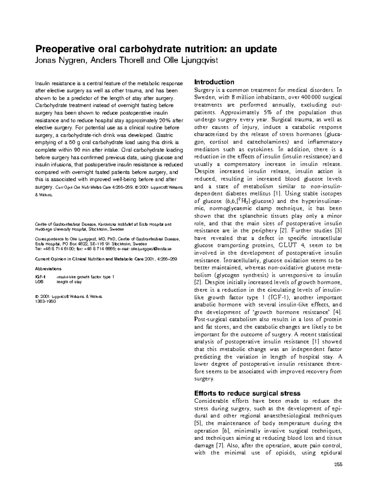 Pre operative carbohydrate - Preoperative oral carbohydrate nutrition ...