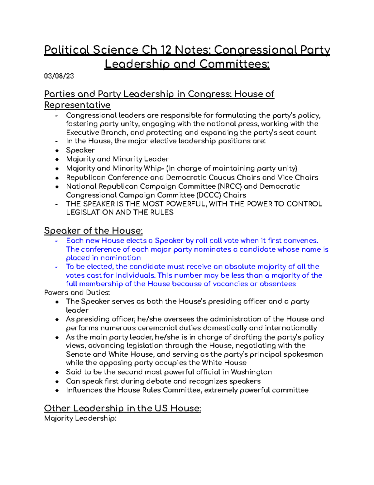 Political Science Ch 12 Notes Congressional Party Leadership and ...