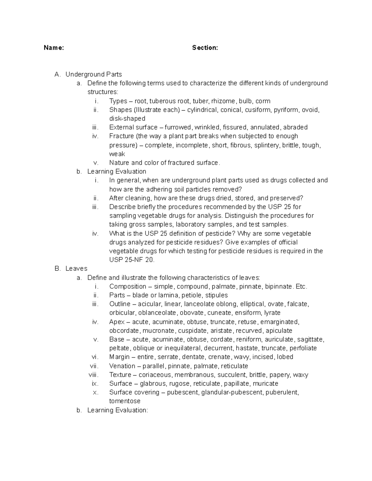 Lab Activity 1dvsdvs - Name: Section: A. Underground Parts a. Define ...