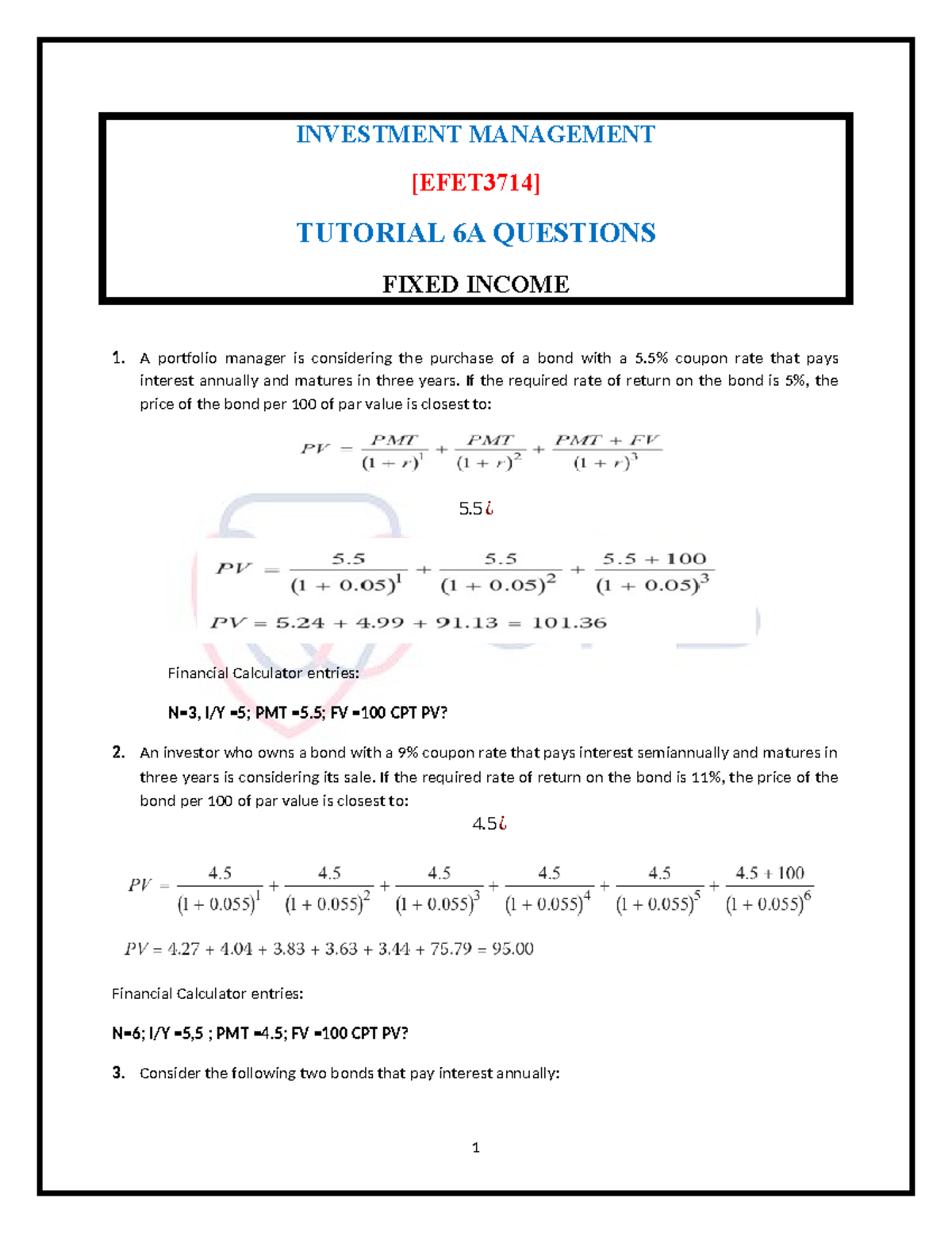 Tutorial 6A Solutions - INVESTMENT MANAGEMENT [EFET3714] TUTORIAL 6A ...