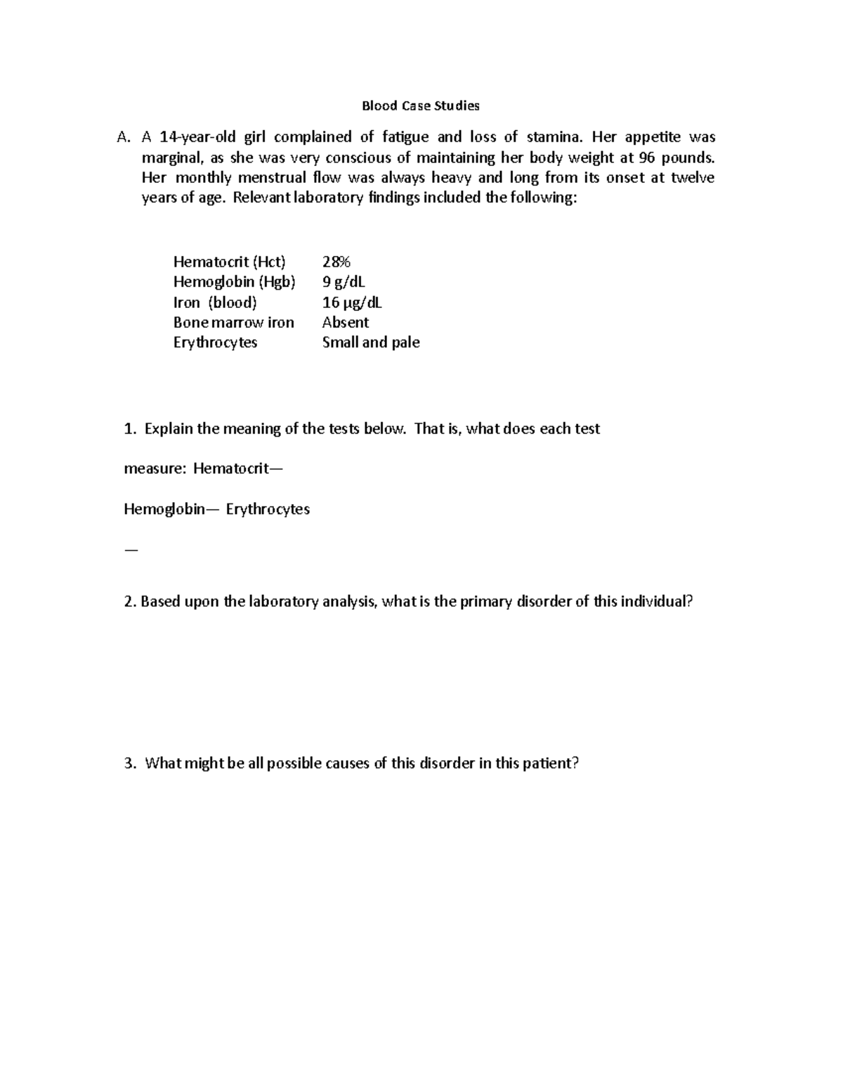 Blood Case Studies - Notes for Physical Therapy - Blood Case Studies A ...