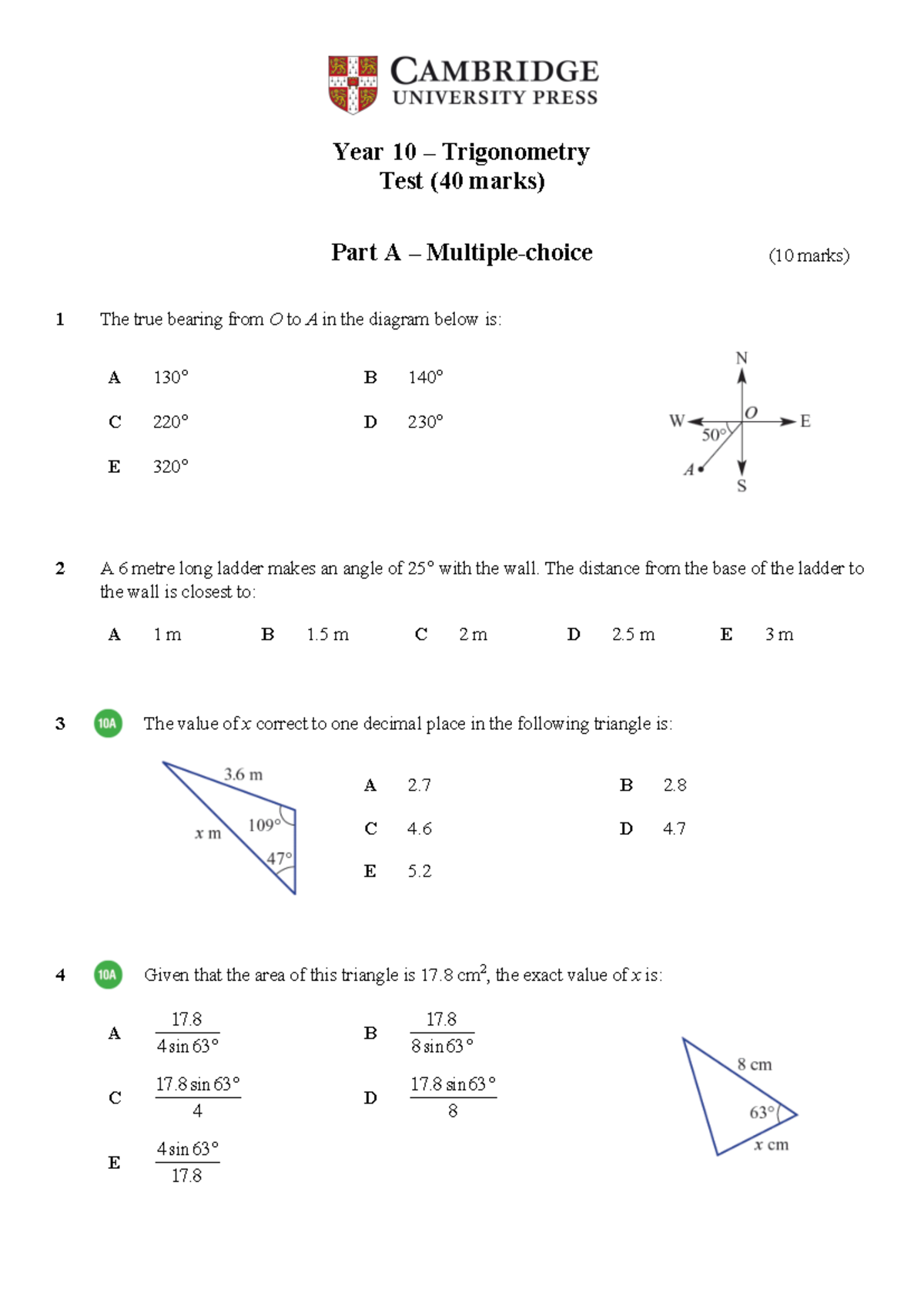 Year 10 Chapter 4 - Trigonometry Test - Year 10 – Trigonometry Test (40 ...