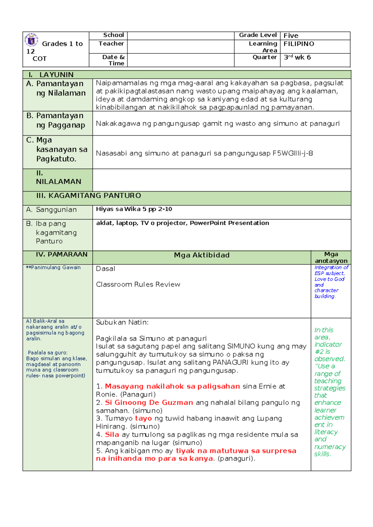 Fil 5 Q3 -w6 Nasasabi ang simuno at panaguri sa pangungusap - Grades 1 ...