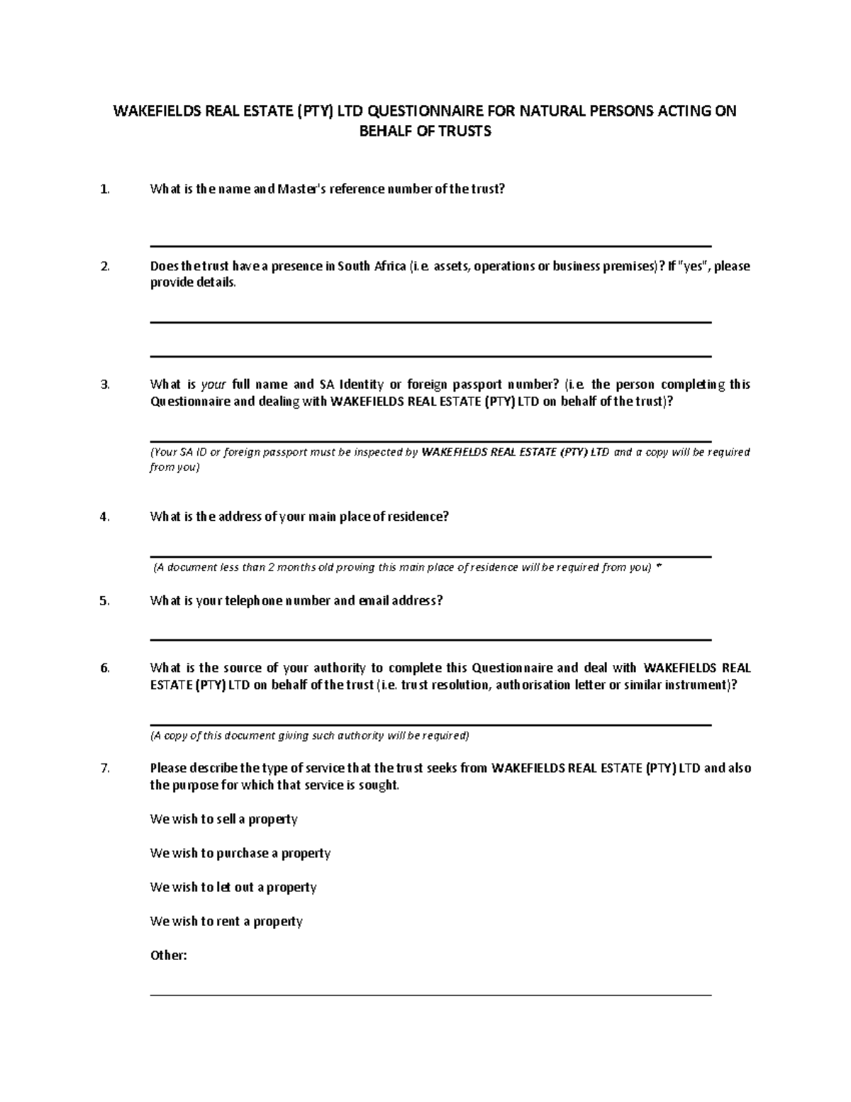 Trusts - Real estate - WAKEFIELDS REAL ESTATE (PTY) LTD QUESTIONNAIRE ...