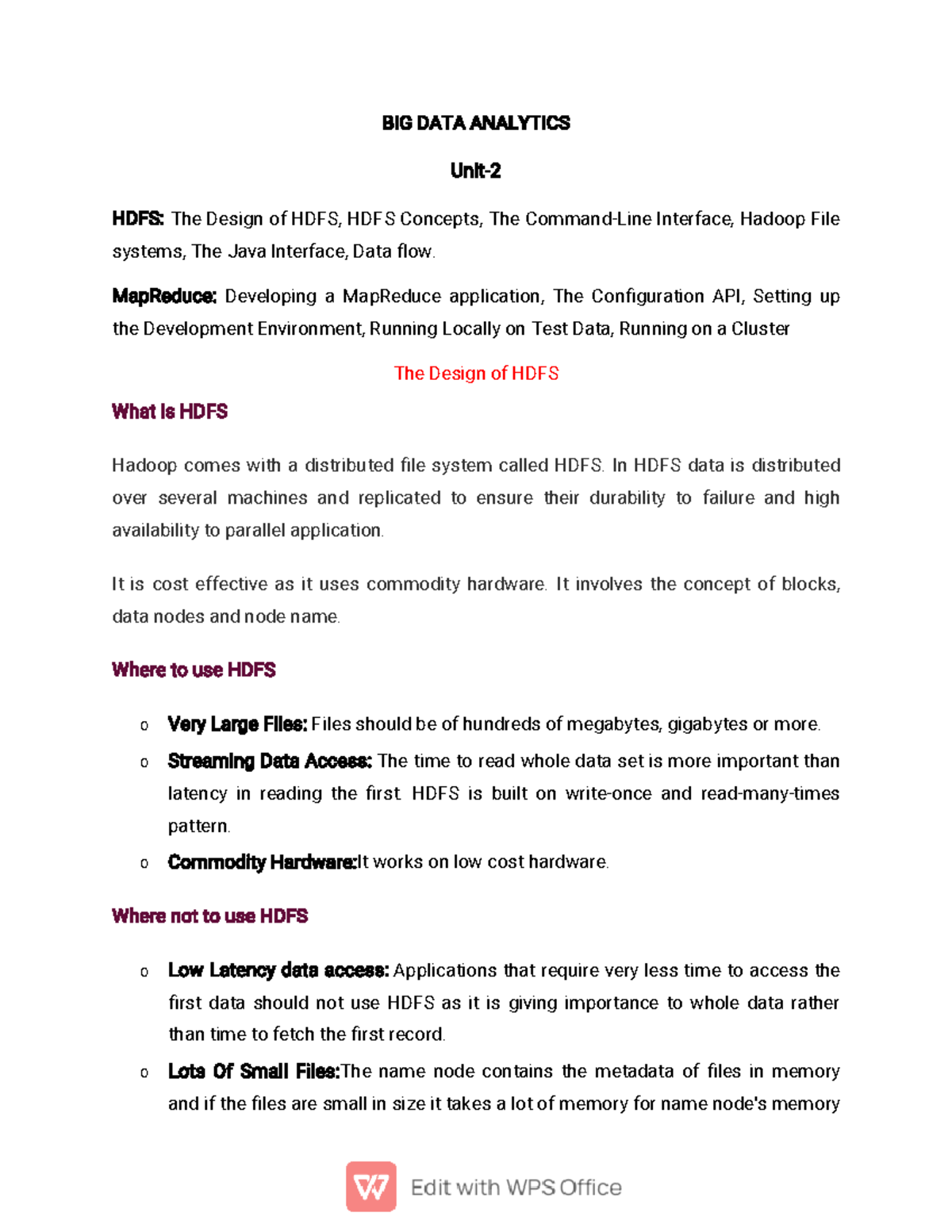 BDA Unit-2 and 3a - R19 - BIG DATA ANALYTICS Unit- 2 HDFS: The Design of HDFS, HDFS Concepts ...