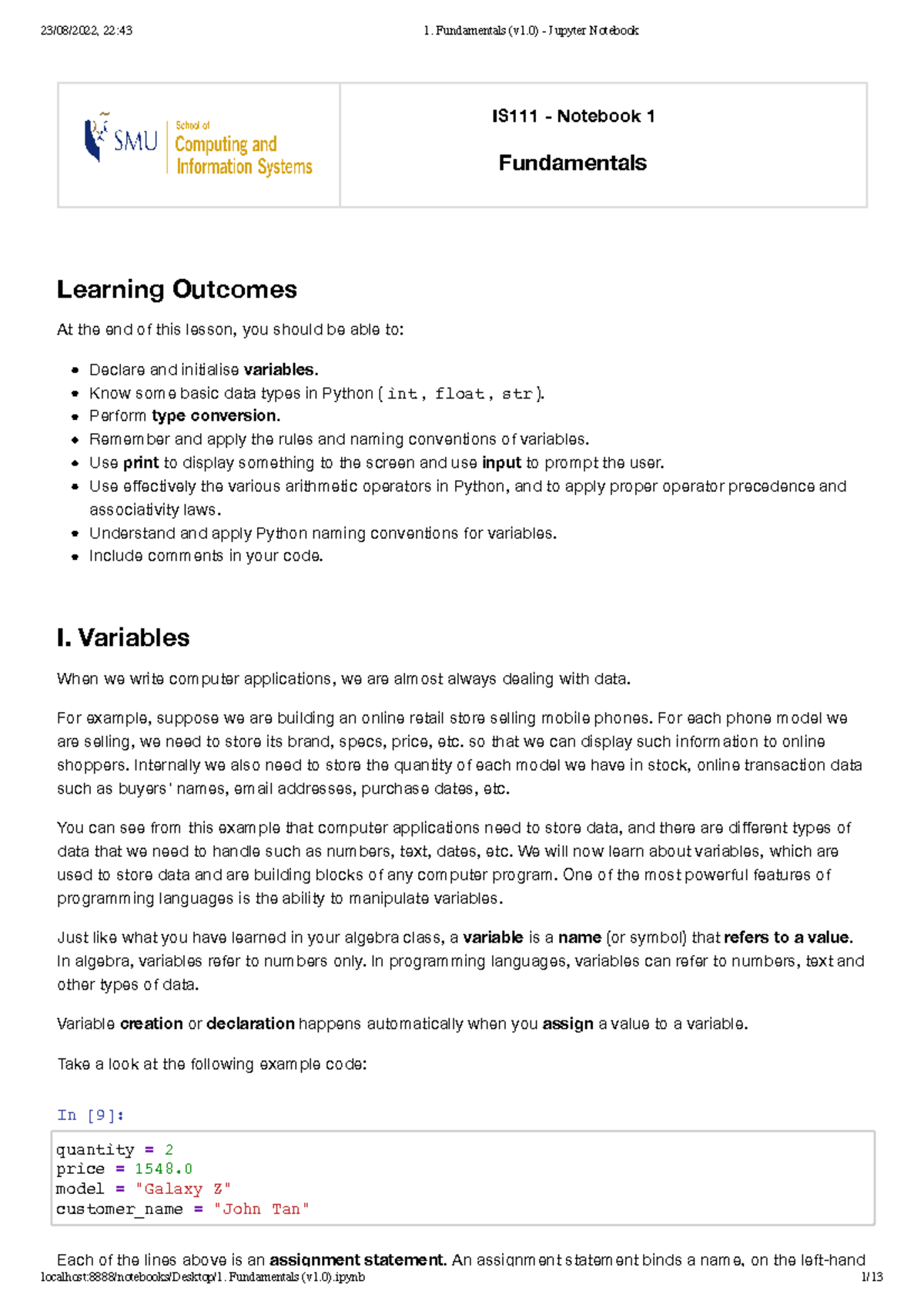 1 Fundamentals V10 Jupyter Notebook Is111 Notebook 1 Fundamentals Learning Outcomes At