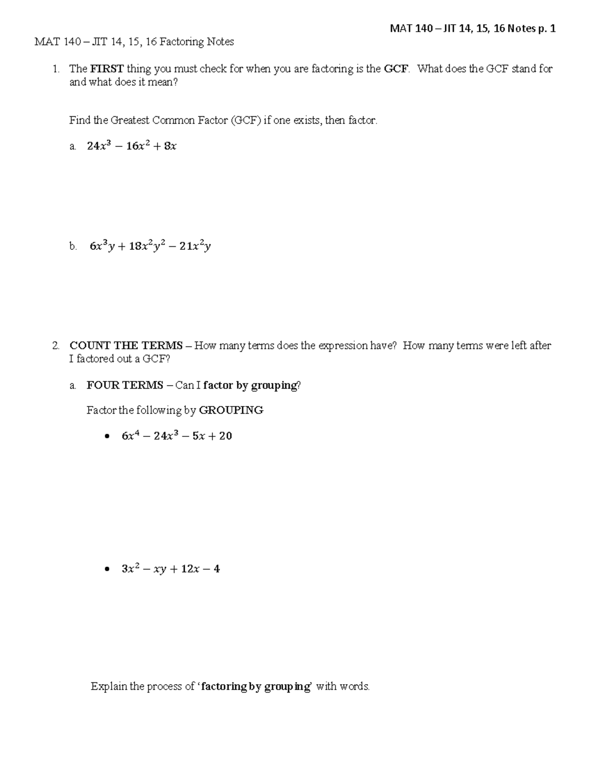 MAT140-JIT14-16(factoring)Notes - MAT 140 – JIT 14, 15, 16 Factoring ...