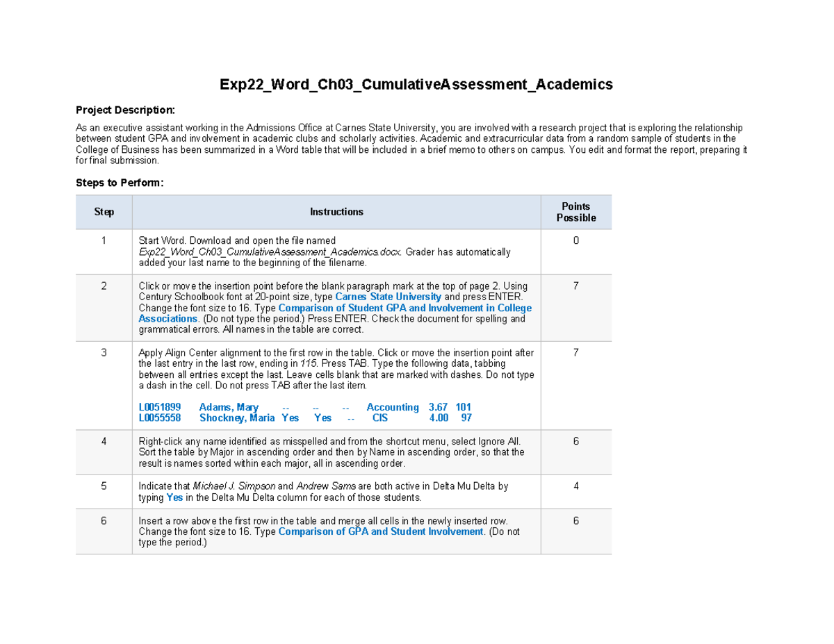 Exp22 Word Ch03 Cumulative Assessment Academics Instructions - - Studocu