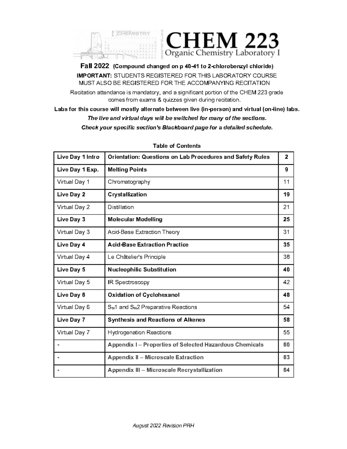 CHEM 223 Lab Manual F22 - August 2022 Revision PRH Fall 2022 (Compound ...