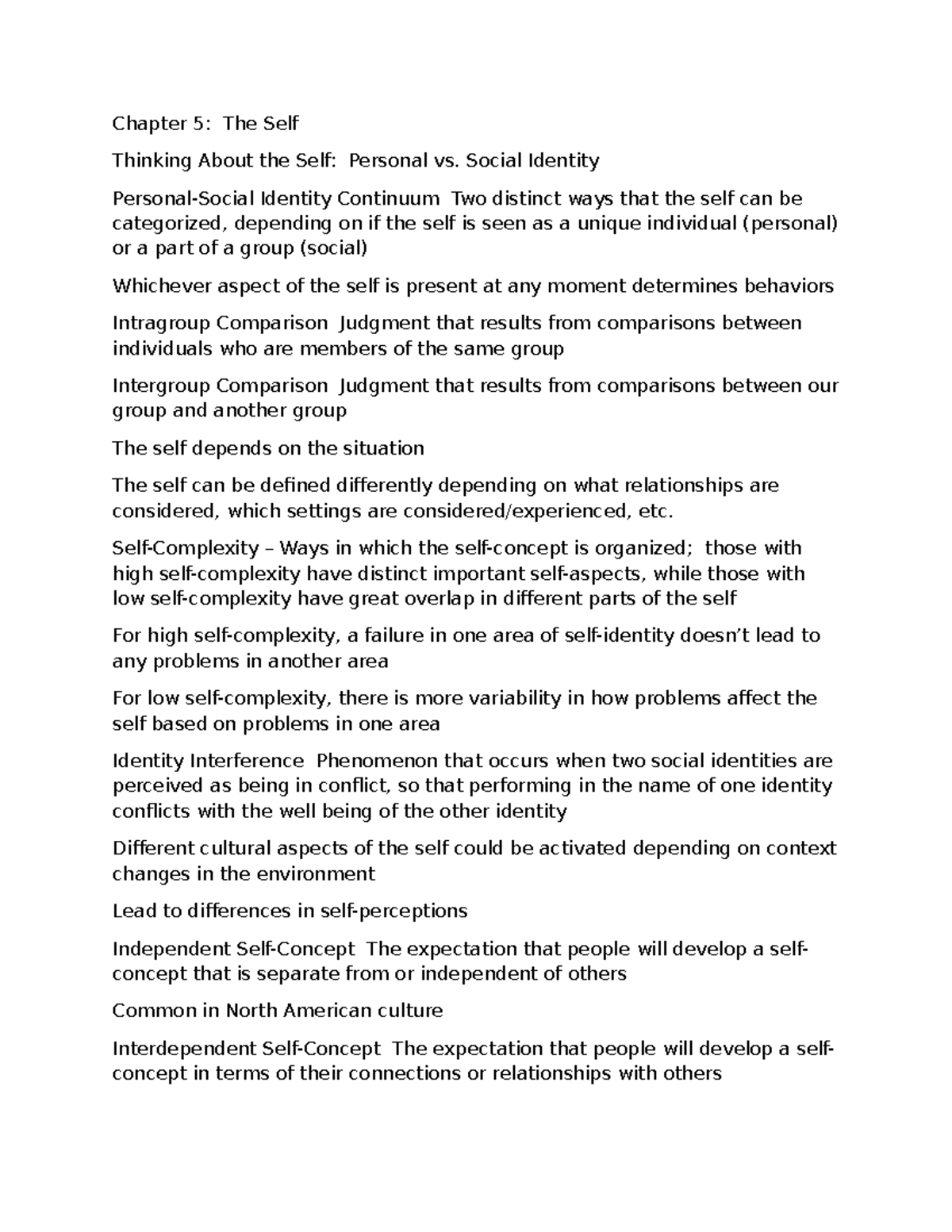 Self - Notes - Chapter 5: The Self Thinking About the Self: Personal vs ...