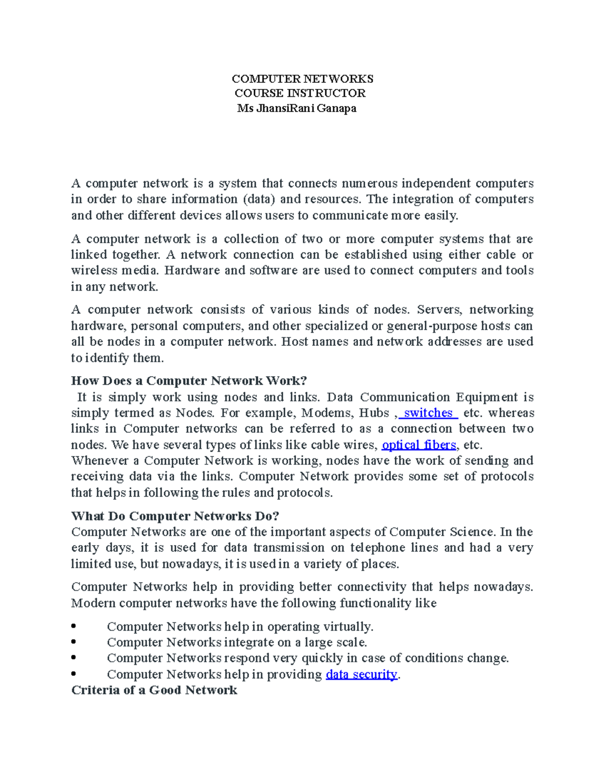 Module-1-CN - COMPUTER NETWORKS NOTES - COMPUTER NETWORKS COURSE ...
