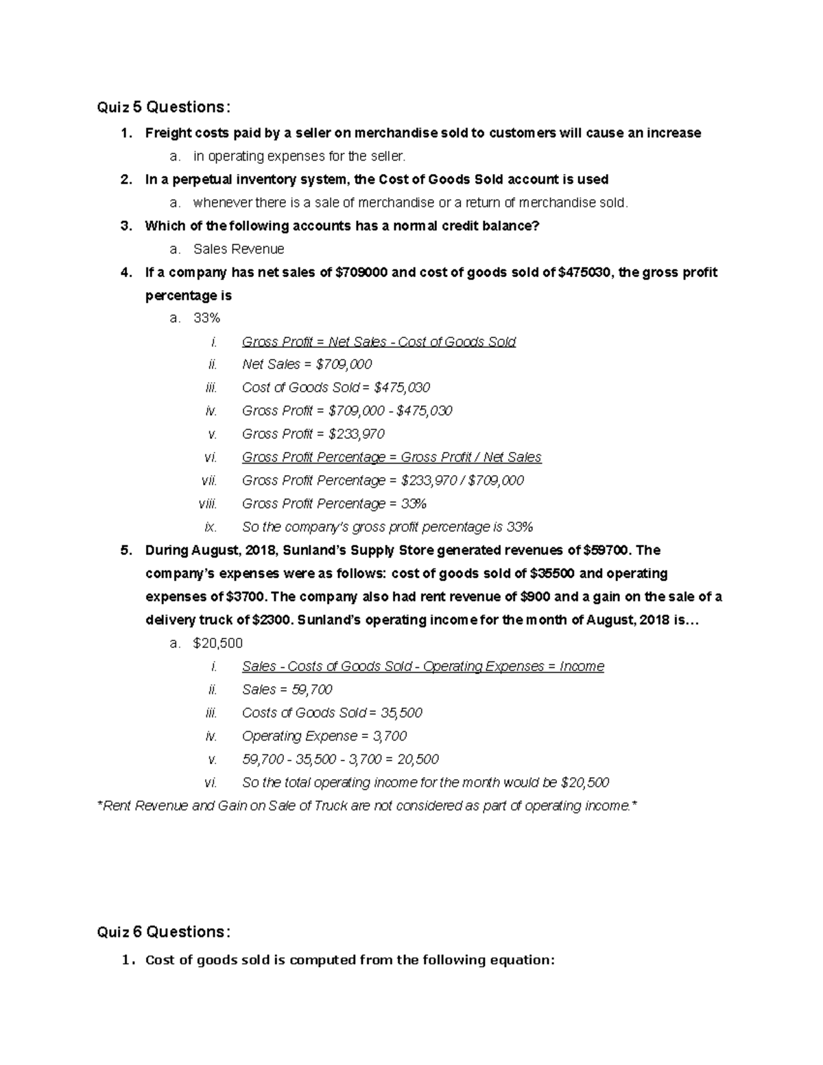 Quiz Questions - Lecture notes 1-2 - Quiz 5 Questions: 1. Freight costs ...