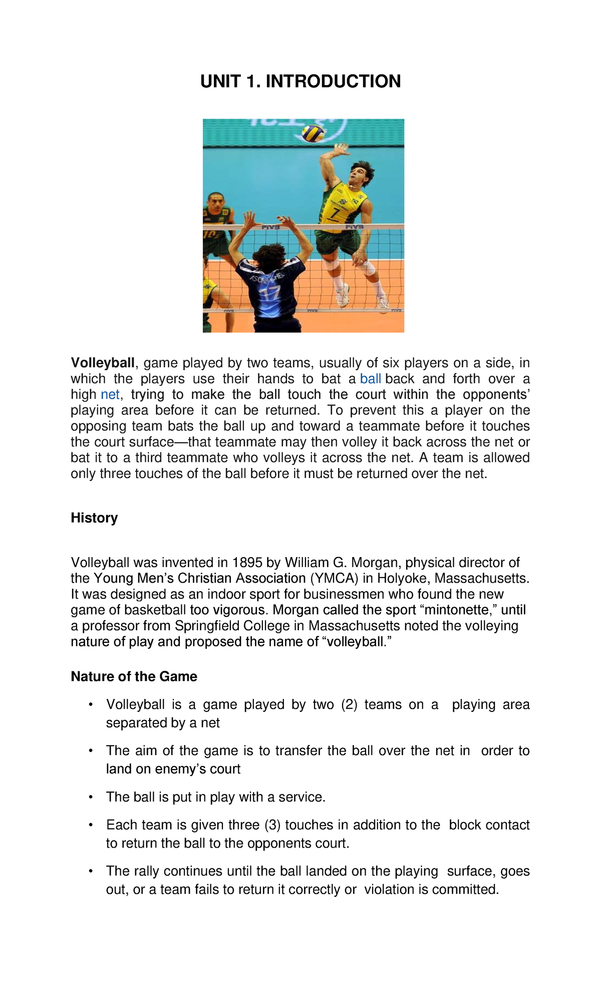 PE Volleyball - Heisnejekekene - UNIT 1. INTRODUCTION Volleyball, game ...