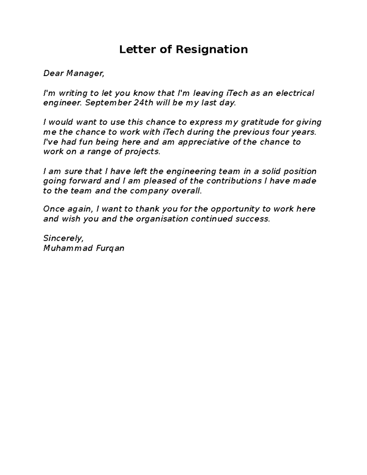 Business - Letter of Resignation - Letter of Resignation Dear Manager ...