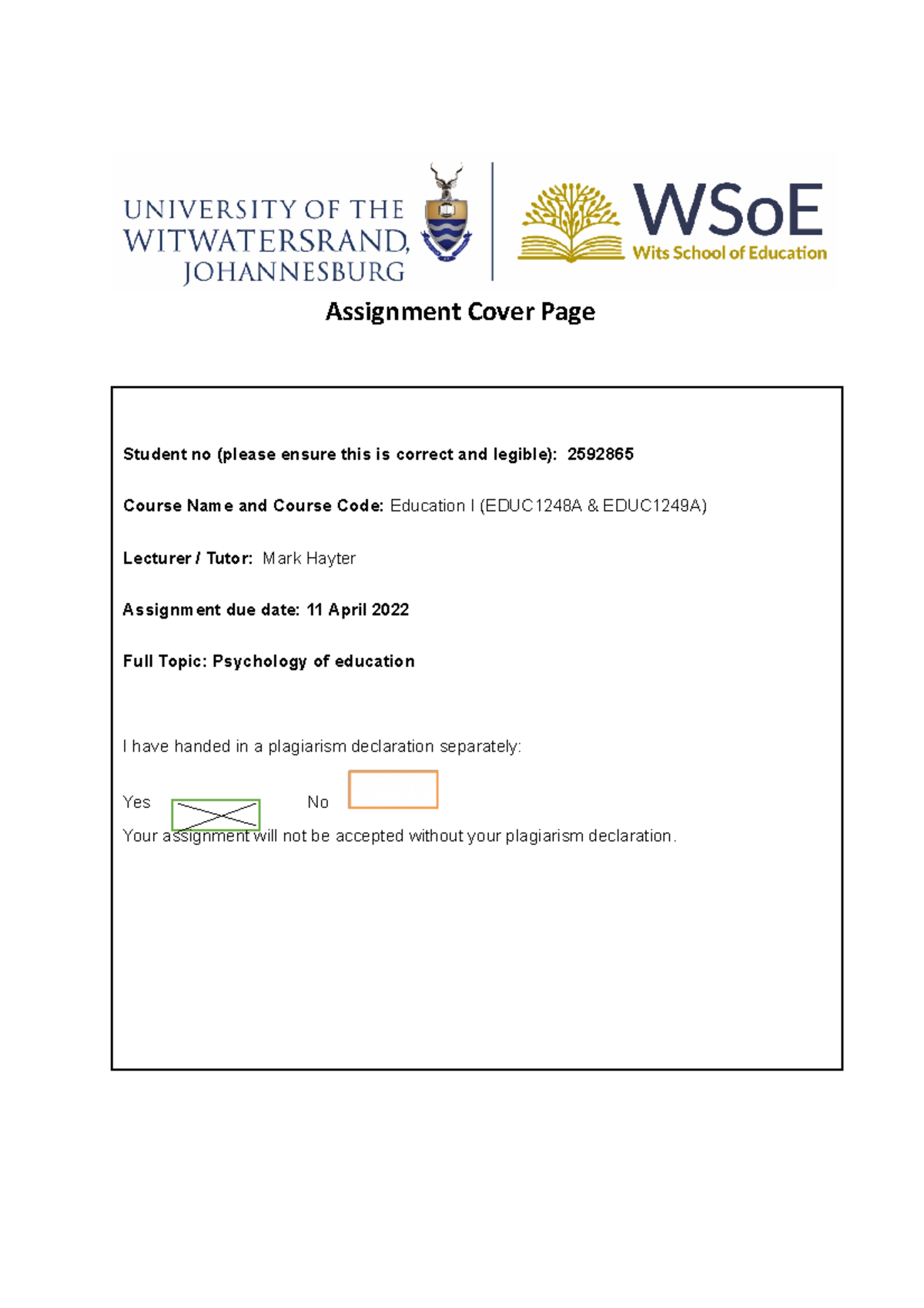Essay education - Assignment Cover Page Student no (please ensure this ...